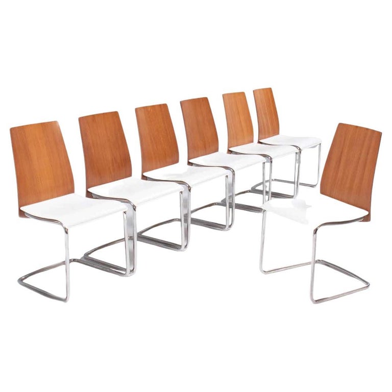 Calligaris White Leather and Wood Swing Dining Chairs, Set of 6 at 1stDibs
