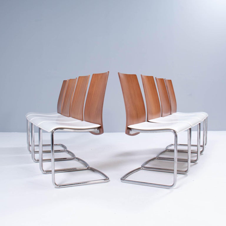 Calligaris White Leather and Wood Swing Dining Chairs, Set of 6 For ...