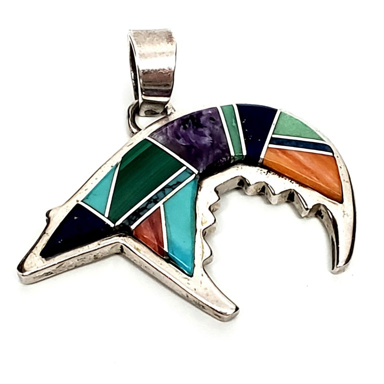 Calvin Begay Native American Sterling Silver Multi Stone Inlay Bear ...