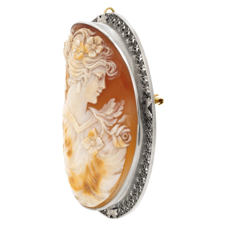 Cameo Broach in 14k White Gold with an Intricate Design For Sale at 1stDibs
