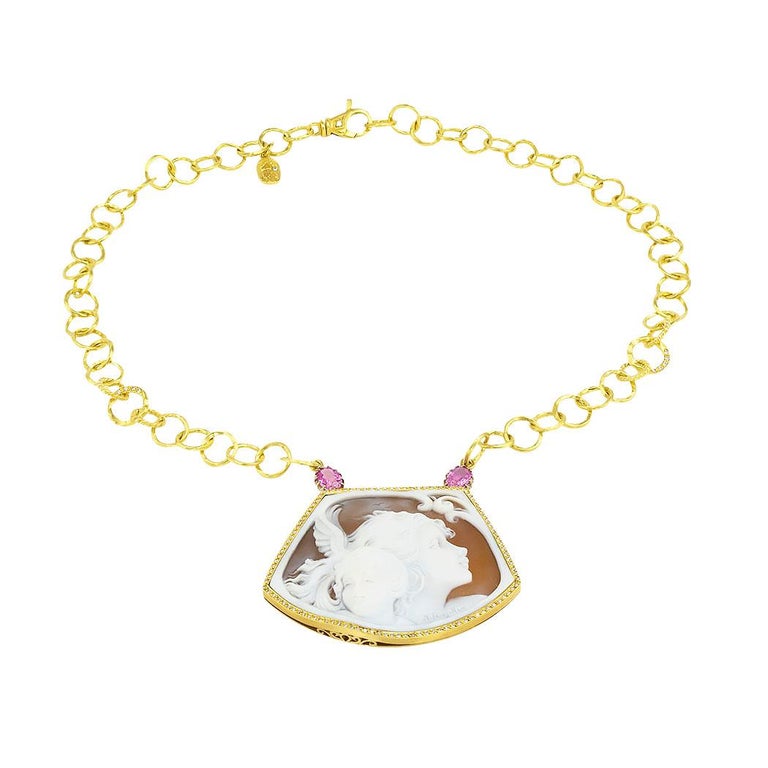 Cameo Pink Sapphire Diamond Link Necklace For Sale at 1stDibs