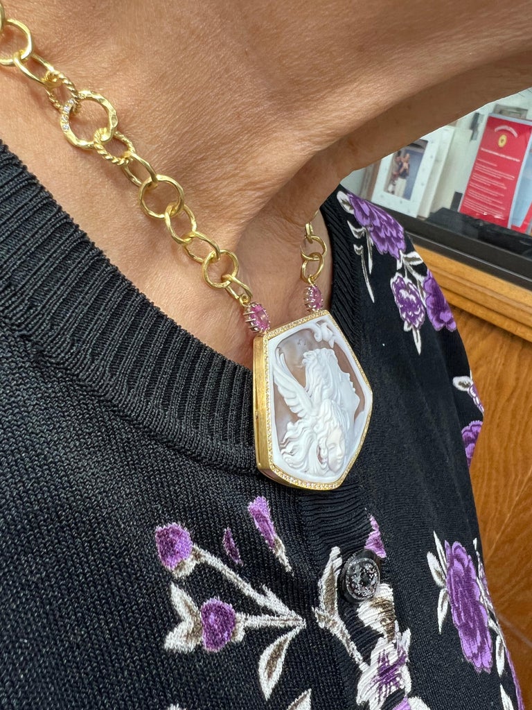 Cameo Pink Sapphire Diamond Link Necklace For Sale at 1stDibs