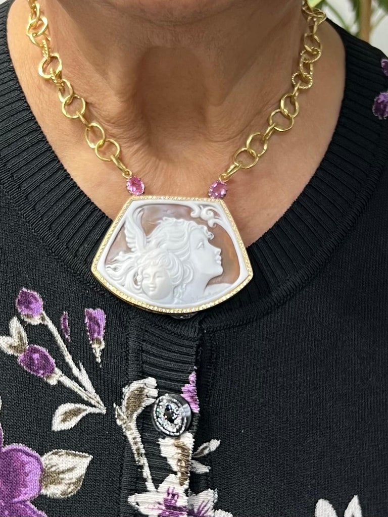 Cameo Pink Sapphire Diamond Link Necklace For Sale at 1stDibs