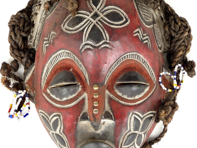 Cameroon Bamileke Tribal Carved Horned Mask Embellished with Sea Beans ...