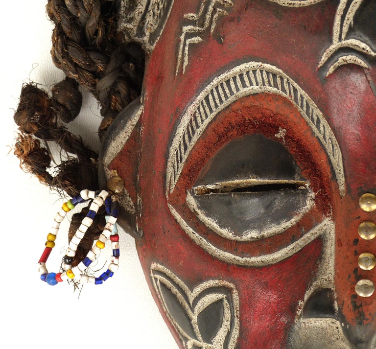 Cameroon Bamileke Tribal Carved Horned Mask Embellished with Sea Beans ...