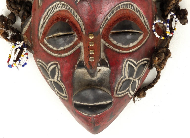 Cameroon Bamileke Tribal Carved Horned Mask Embellished with Sea Beans ...