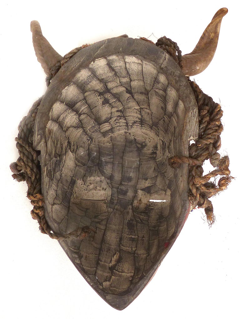 Cameroon Bamileke Tribal Carved Horned Mask Embellished with Sea Beans ...
