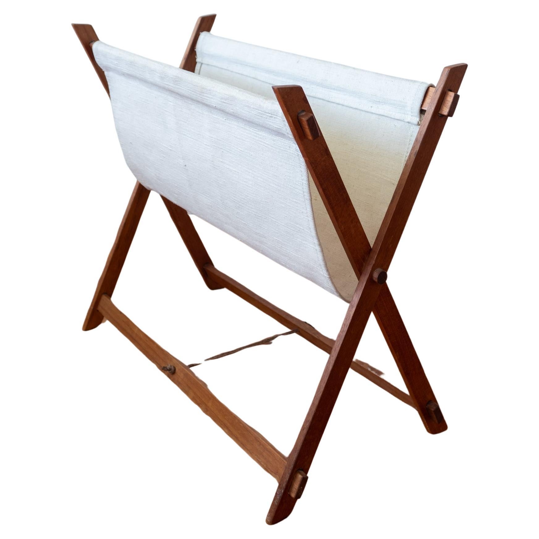 Campaign Style Folding Teak and Canvas Magazine Rack For Sale at 1stDibs
