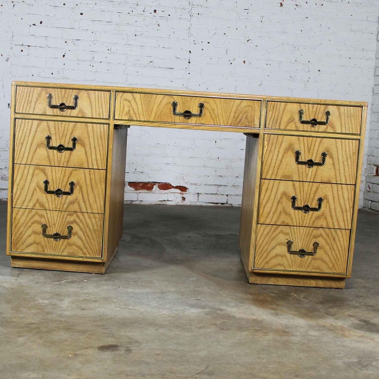 Campaign Style Founders Furniture Light Oak Desk with Brass Plate ...