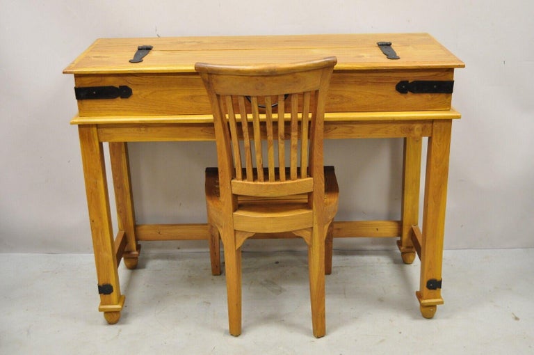 Campaign Style Teak Wood Fliptop Writing Desk with Side Chair, 2pc Set ...