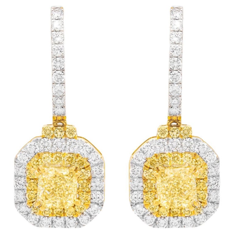 Canary Diamond Earrings 1.13 Carat Each with Double Halo 18k Gold For ...