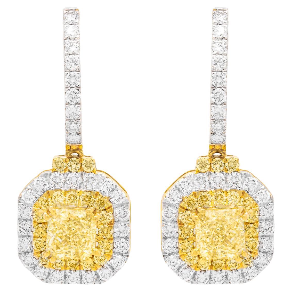 Canary Diamond Earrings 1.13 Carat Each with Double Halo 18k Gold For ...