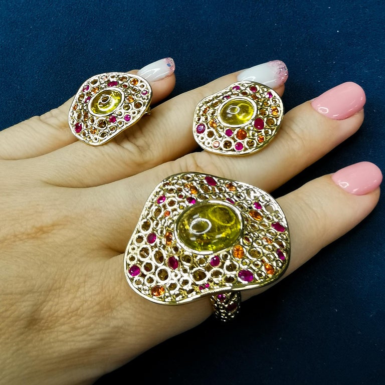 Canary Tourmaline Rubies Sapphires 18 Karat Yellow Gold Bubble Suite ...