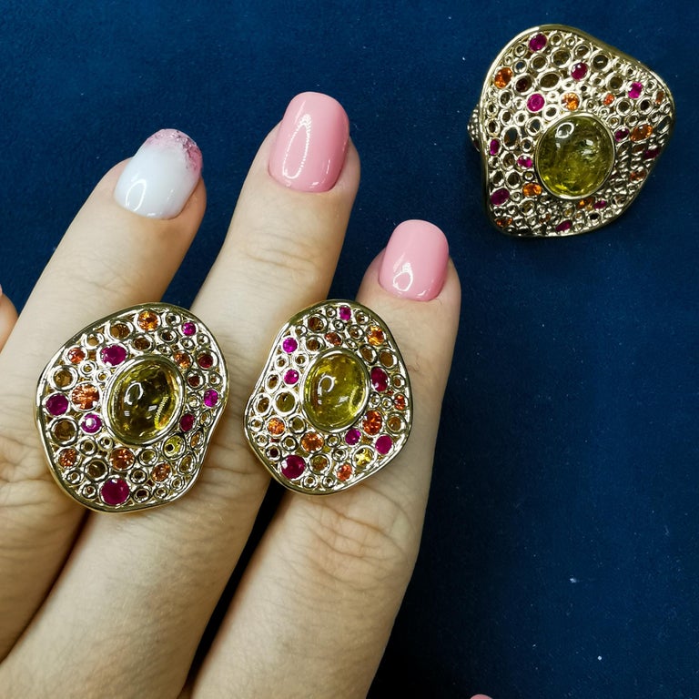 Canary Tourmaline Rubies Sapphires 18 Karat Yellow Gold Bubble Suite ...