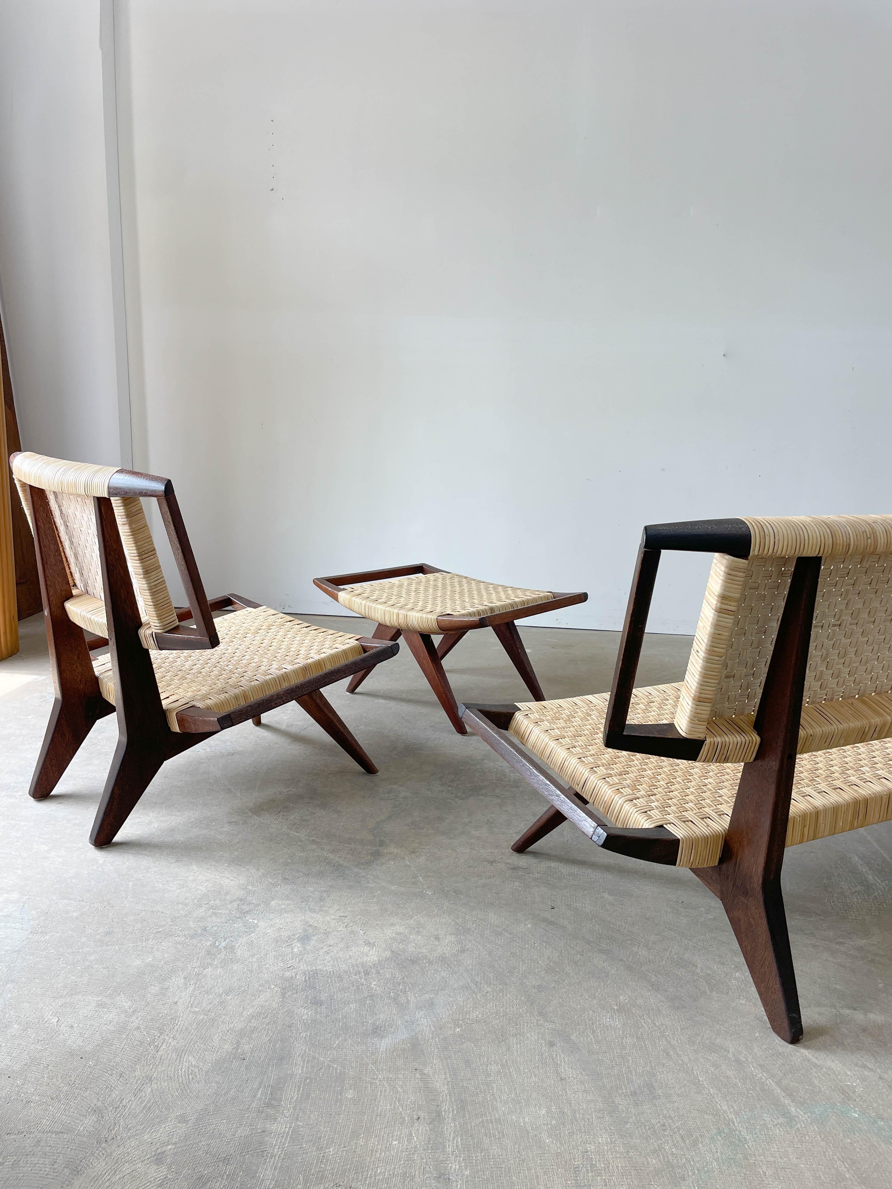 Cane and Mahogany settee, chair and stool attributed to Paul Laszlo For ...