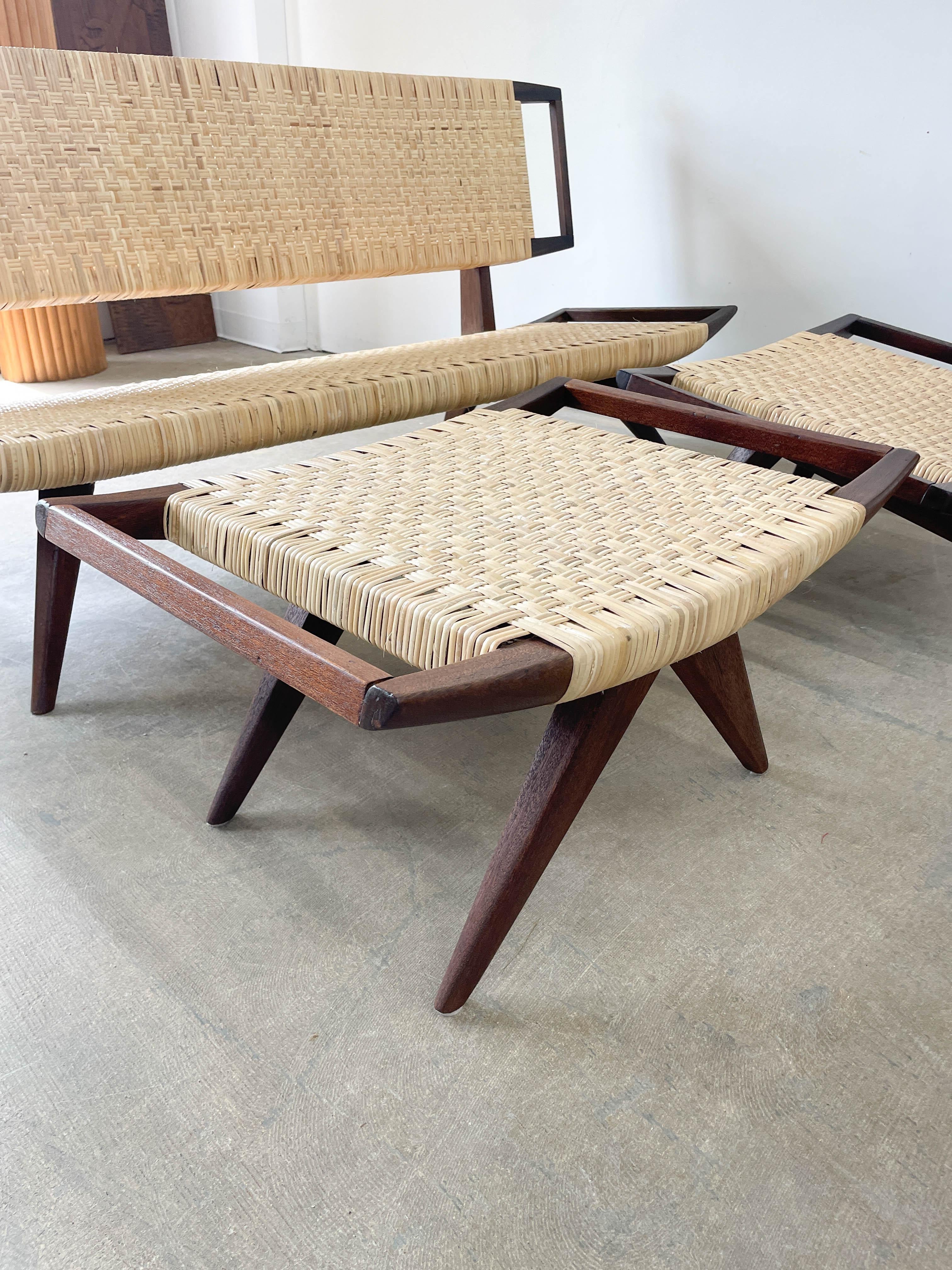 Cane and Mahogany settee, chair and stool attributed to Paul Laszlo For ...