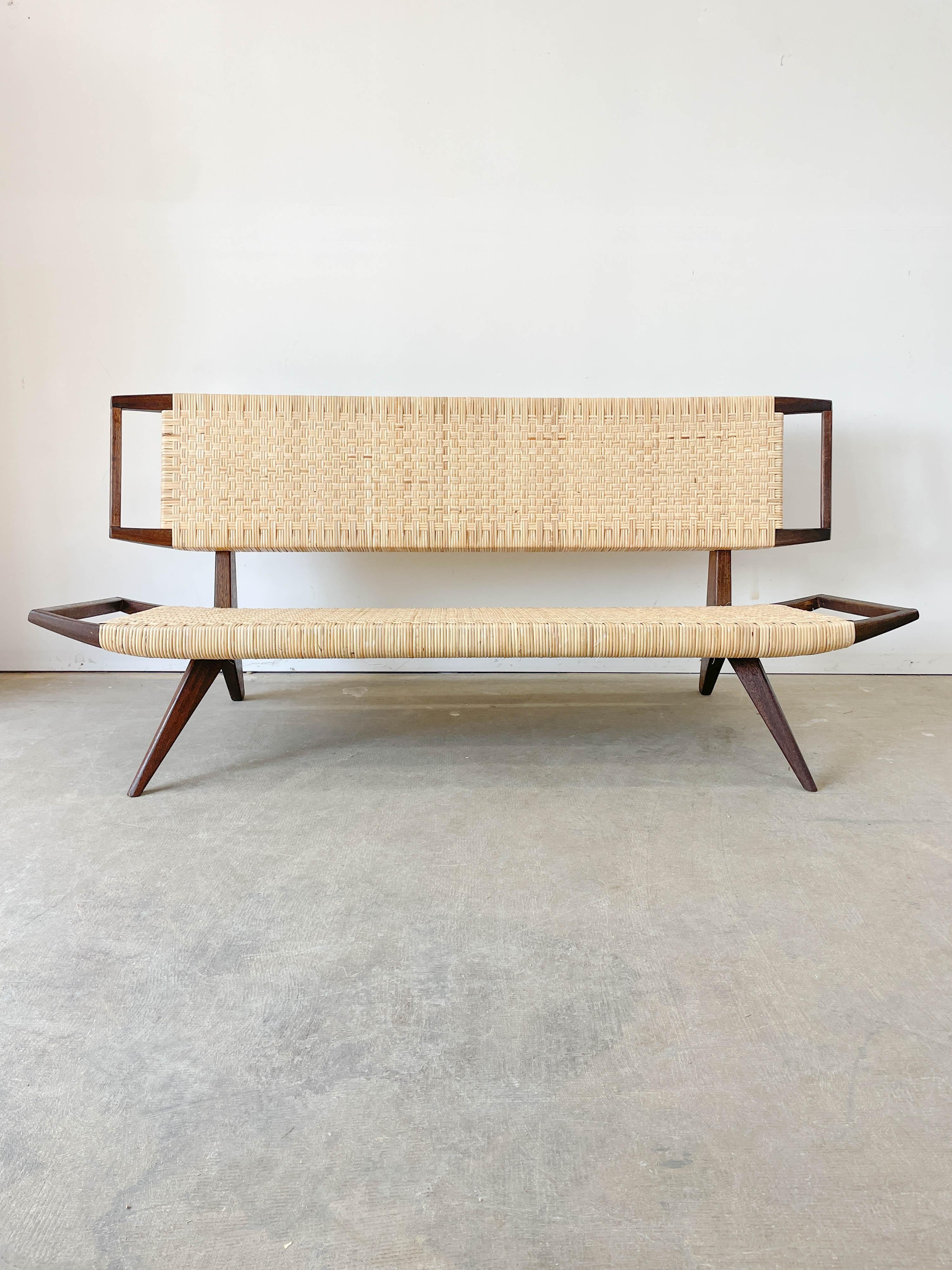 Cane and Mahogany settee, chair and stool attributed to Paul Laszlo For ...