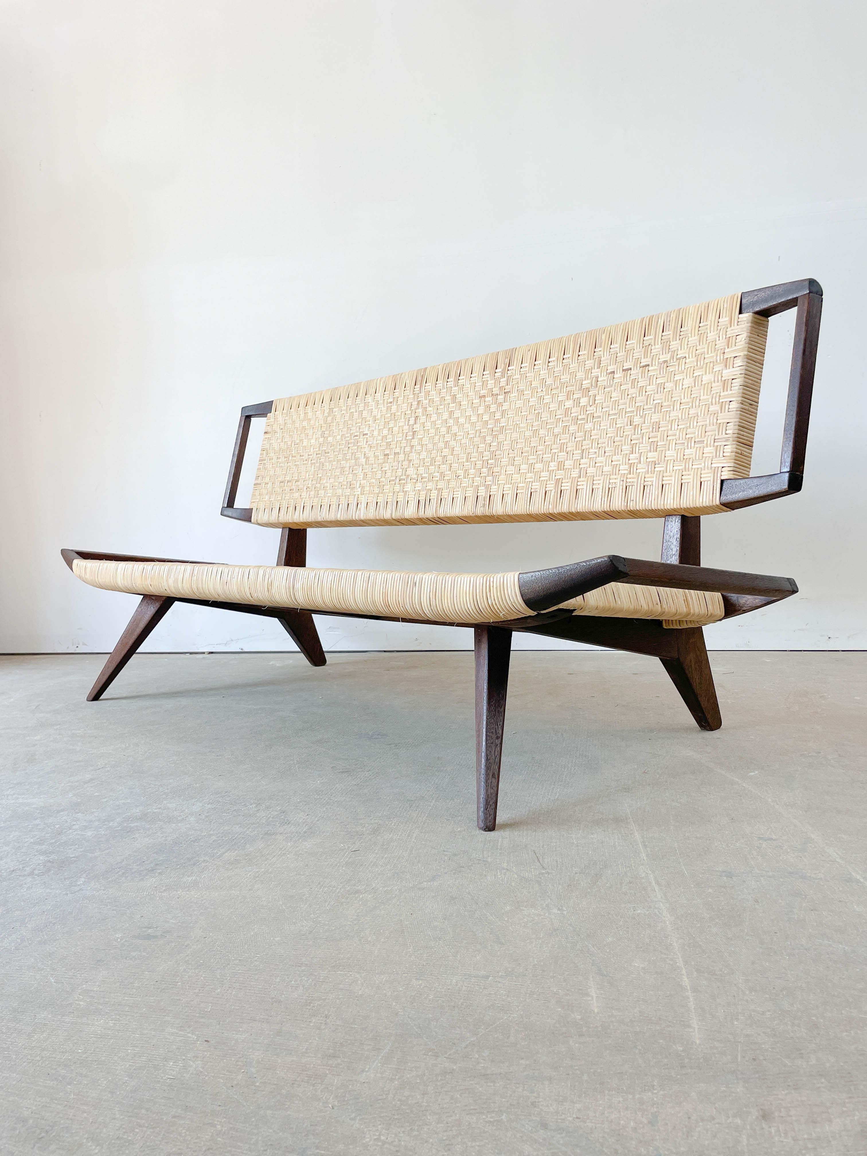 Cane and Mahogany settee, chair and stool attributed to Paul Laszlo For ...