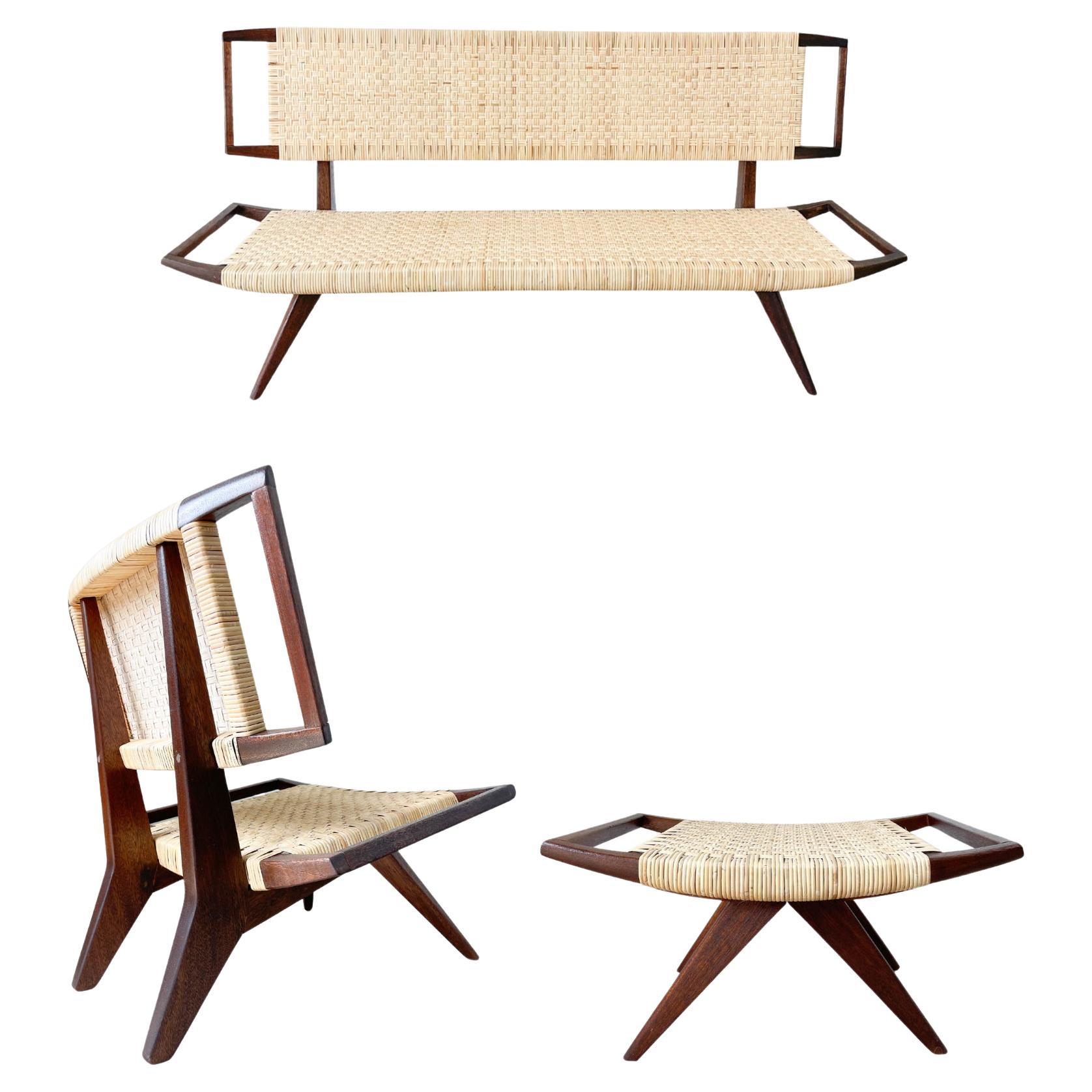 Cane and Mahogany settee, chair and stool attributed to Paul Laszlo For ...