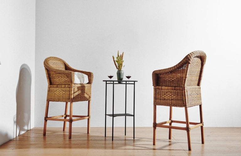 Handwoven Malawi Cane Bar Stool in Classic Weave with White Linen ...