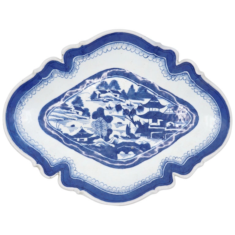 Canton 19th Century Blue and White Large Footed "Relish Tray" For Sale ...
