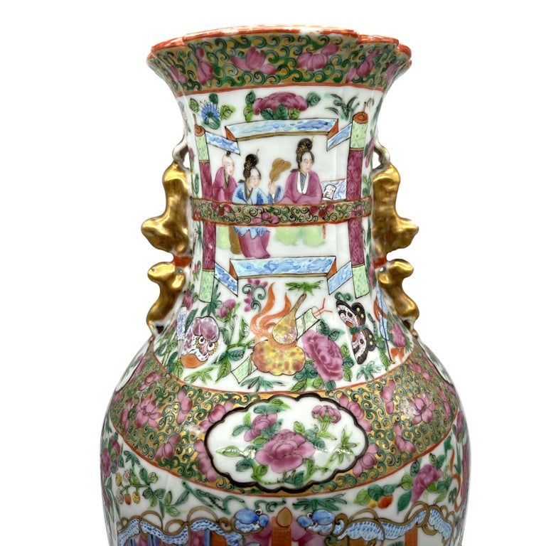Canton Famille Rose Mandarin Vase, Fluted Body and Castellated Top, Ca ...