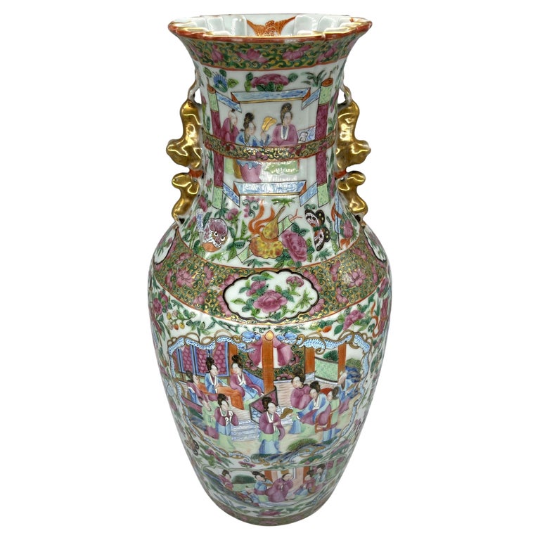 Canton Famille Rose Mandarin Vase, Fluted Body and Castellated Top, Ca ...