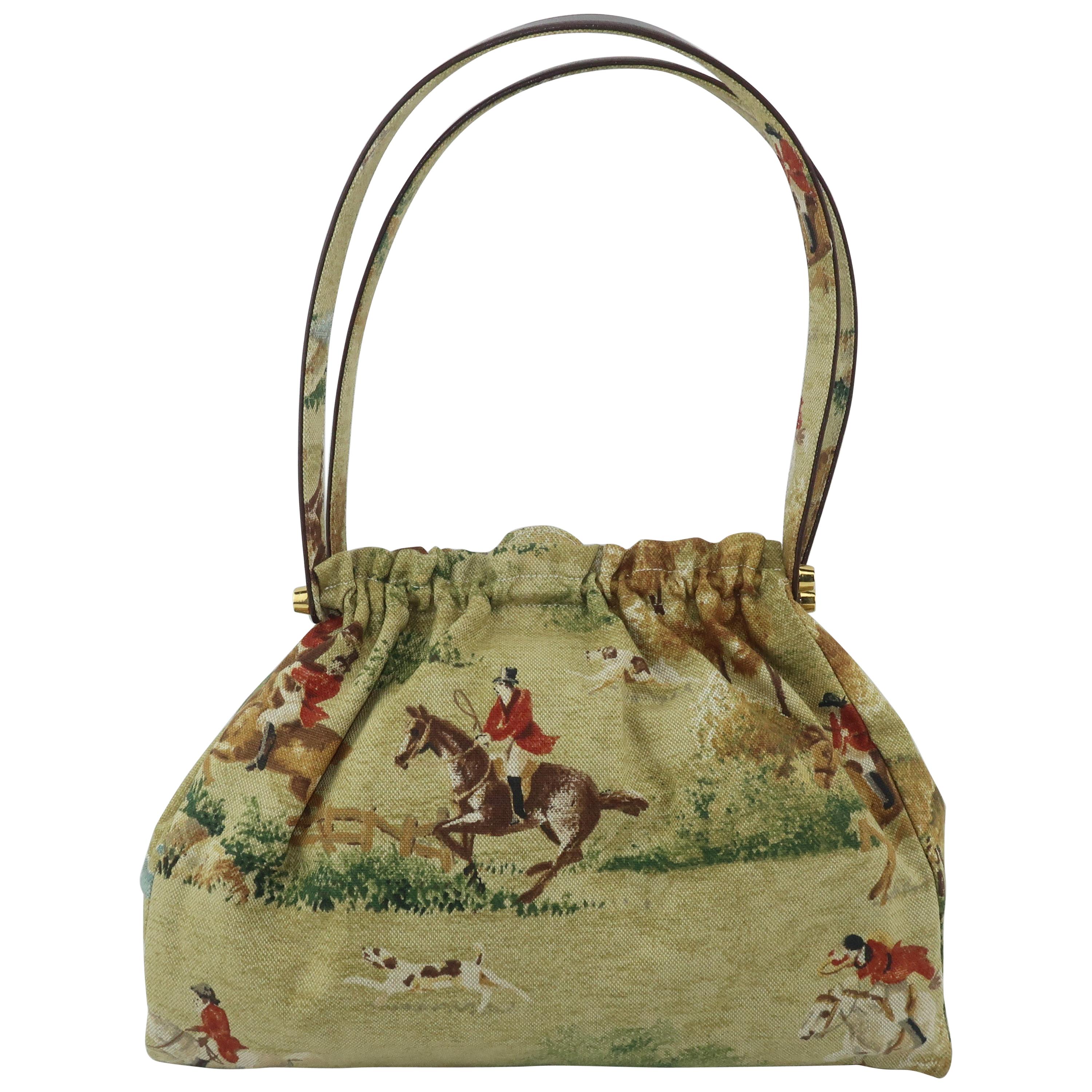 Canvas and Leather Handbag With Equestrian Fox Hunt Motif at 1stDibs ...