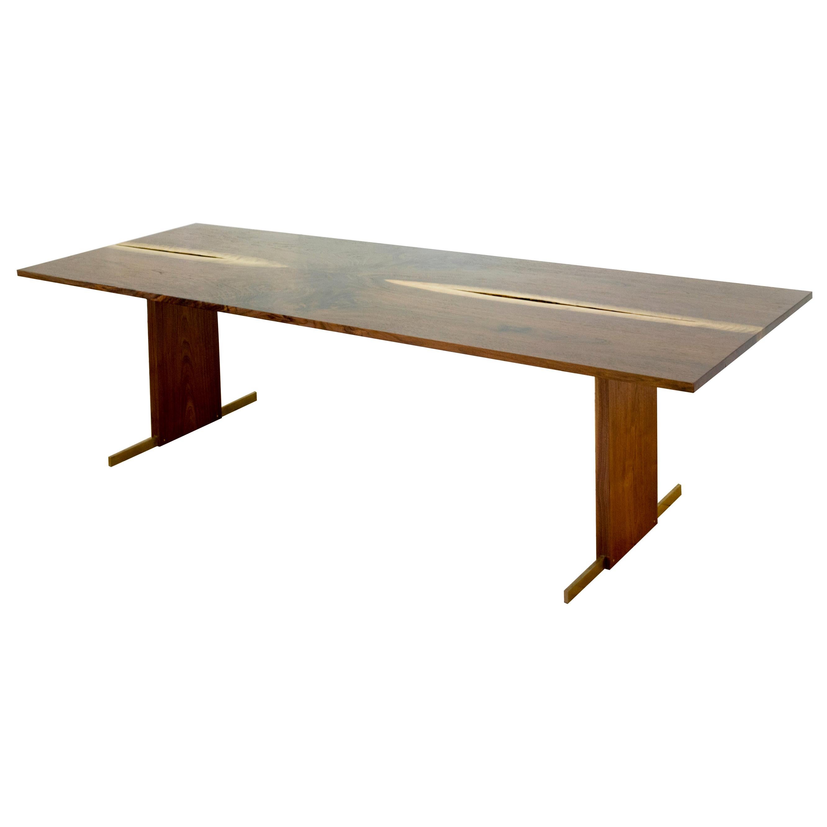 Canyon Dining Table in Live Edge Walnut and Brass Inlay with Trestle ...