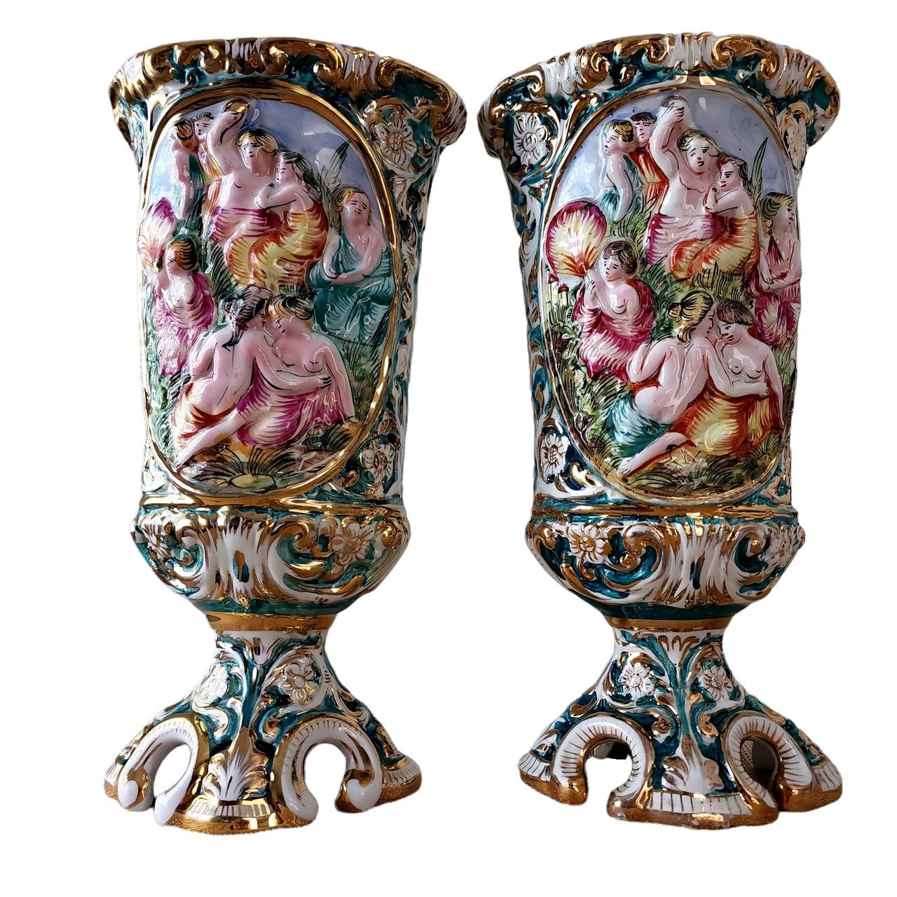 Capodimonte Late 19th Century Porcelain Pedestal Base Vase Pair For ...