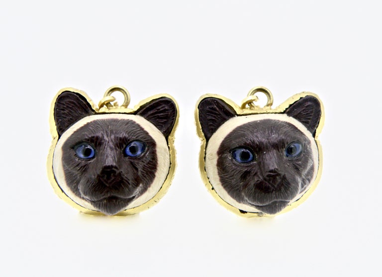Cappuccino Jasper Gold Cat Head Earrings For Sale at 1stDibs