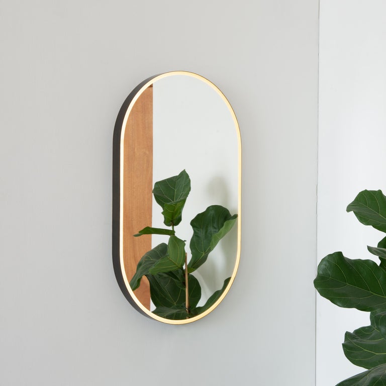 Capsula Illuminated Pill Shaped Modern Mirror with Bronze Patina Frame ...