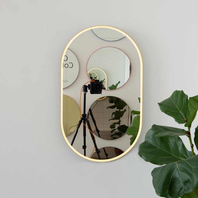 Capsula Illuminated Pill Shaped Modern Mirror with Bronze Patina Frame ...