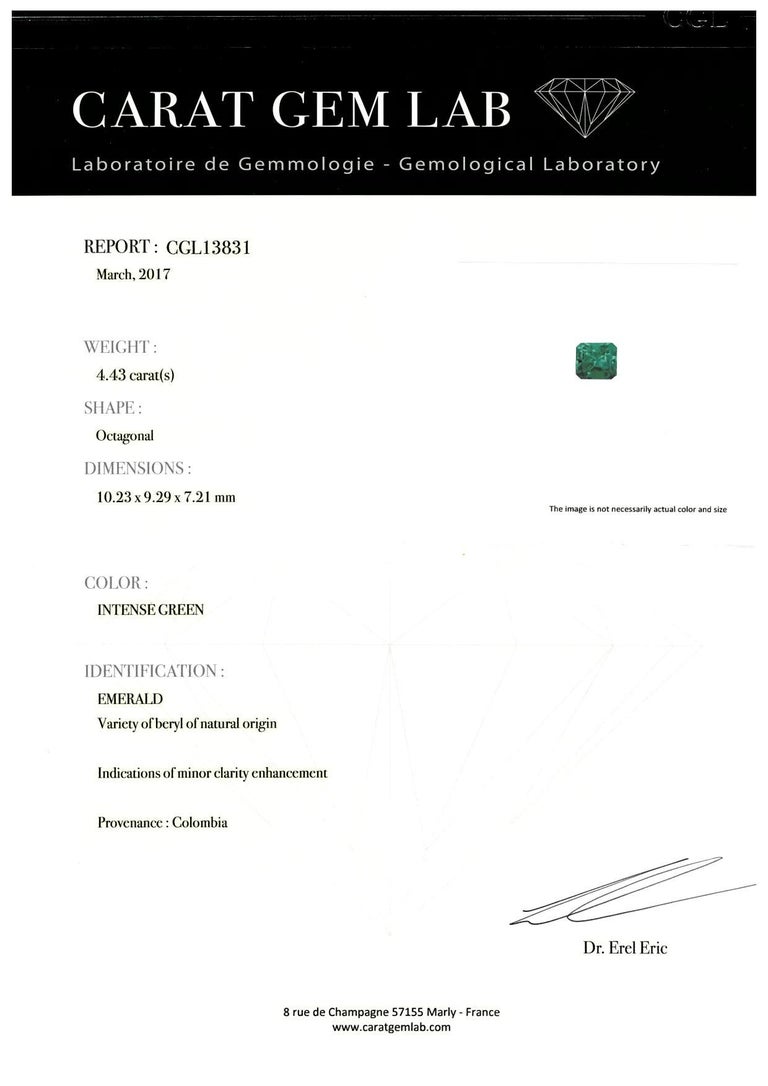 CGL Certified, 4.43 Ct Colombian Emerald Minor Oil, Diamond Ring 18 kt ...