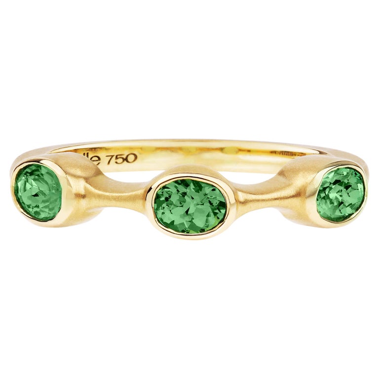 Customizable Carelle 18 Karat Yellow Gold Brushed Satin Trio Tsavorite Oval Stack Ring For Sale ...