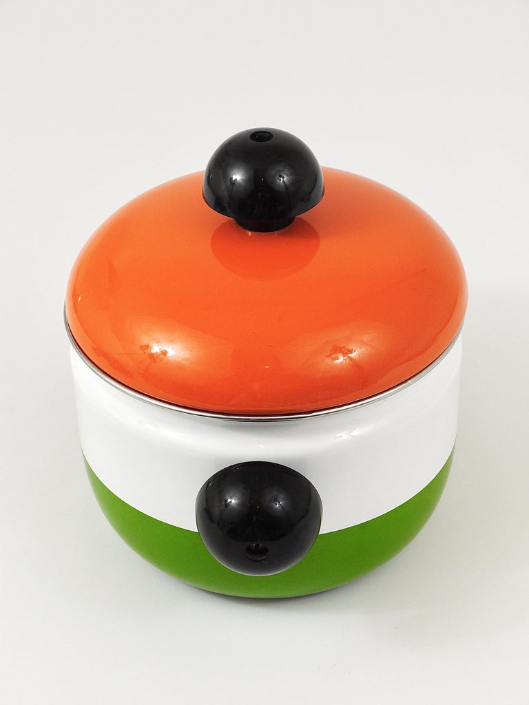 Carl Aubock Enameled Pot with Lid by Riess, Orange, White, Green ...