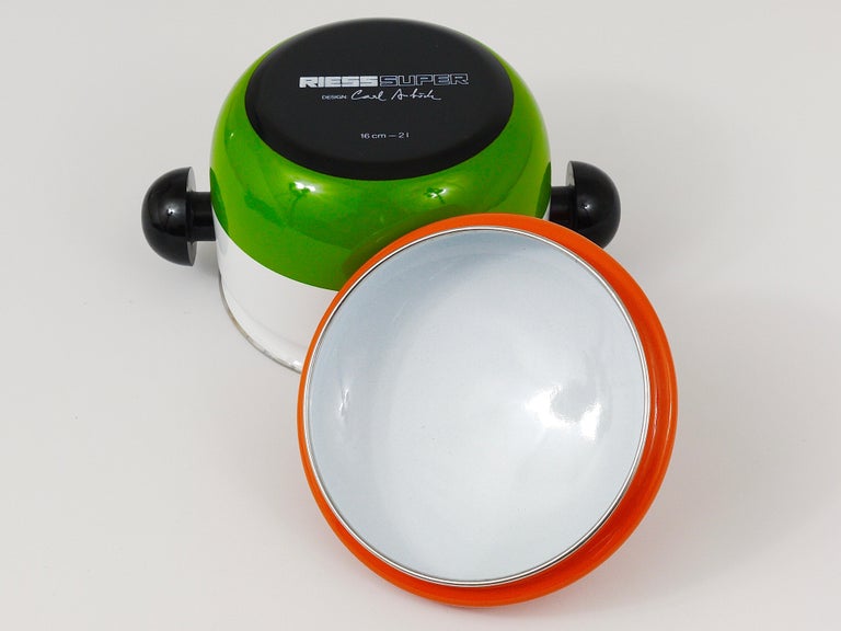 Carl Aubock Enameled Pot with Lid by Riess, Orange, White, Green ...