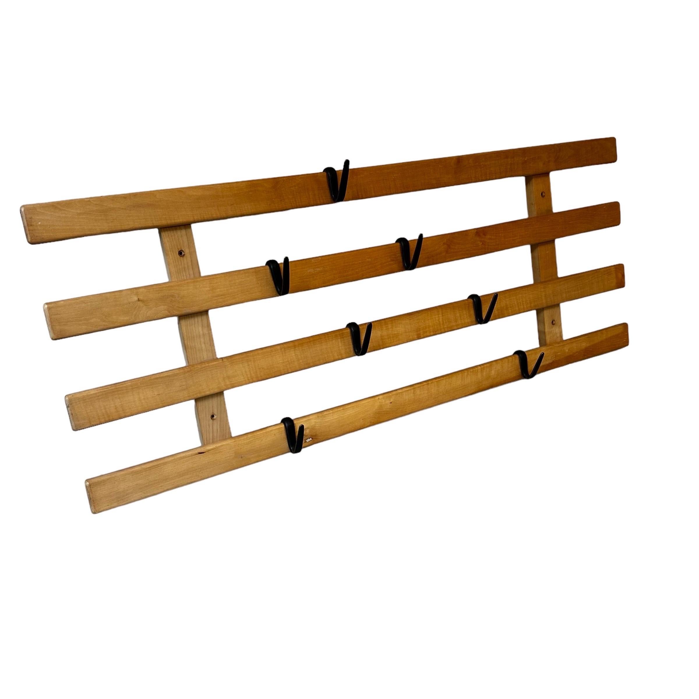 Mid-Century Slatted Coat Rack by Jules Wabbes, Brass Hooks, Belgium ...