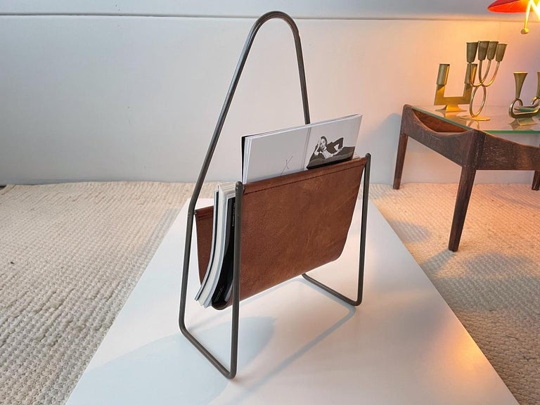 Carl Auböck Midcentury Brass and Cognac Leather Magazine Rack, 1950 ...