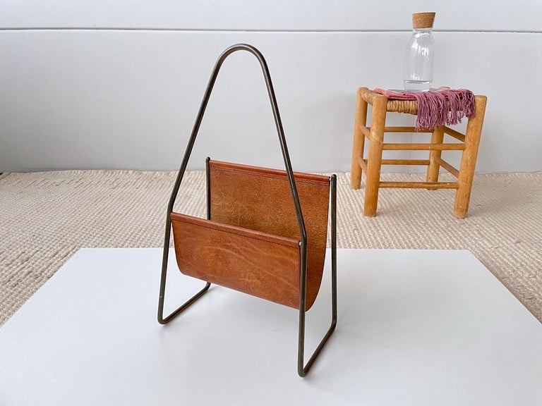 Carl Auböck Midcentury Brass and Cognac Leather Magazine Rack, 1950 ...