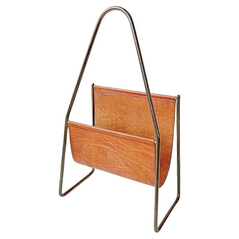 Carl Auböck Midcentury Brass and Cognac Leather Magazine Rack, 1950 ...