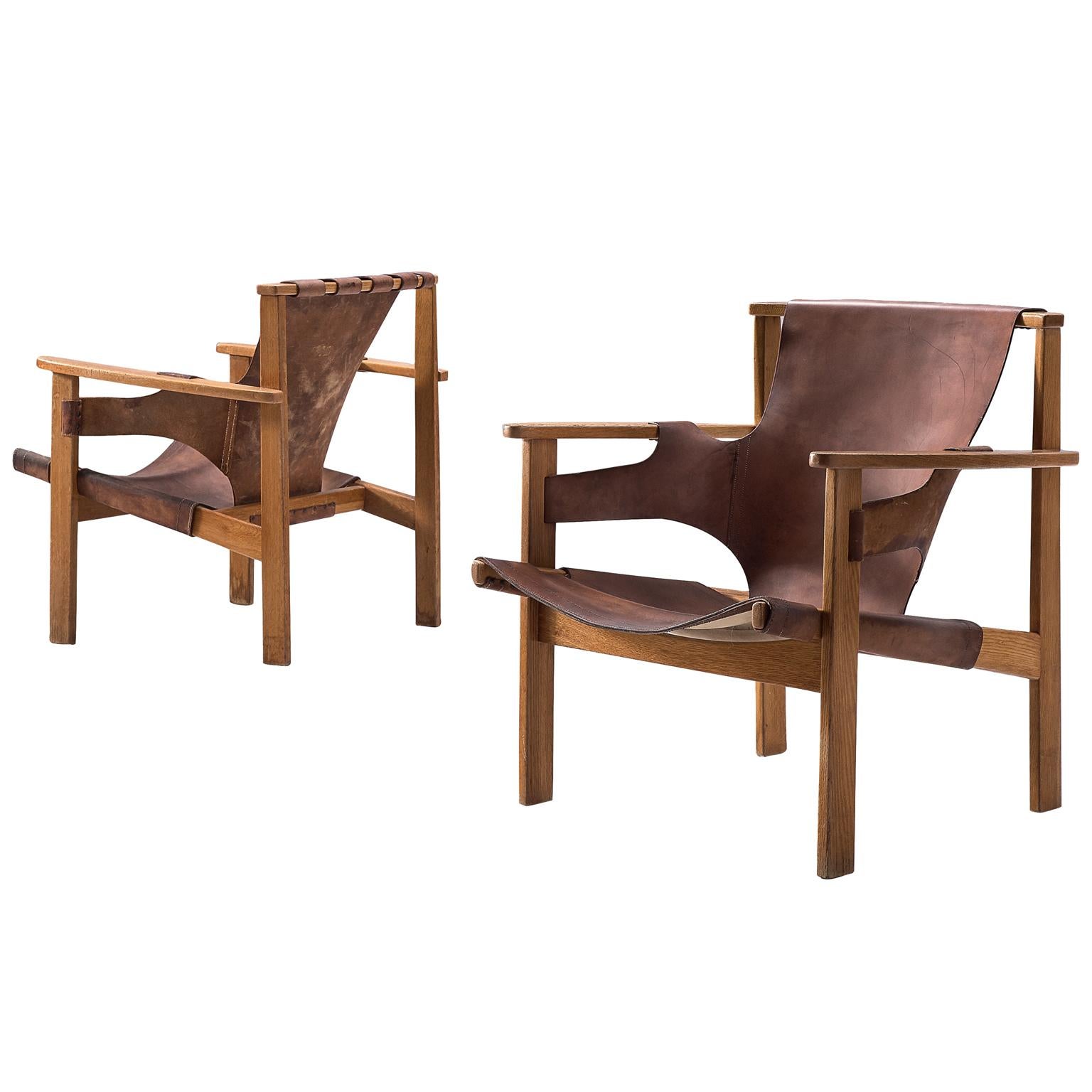 Carl Axel Acking Pair of 'Trienna' Chairs in Patinated Brown Leather ...