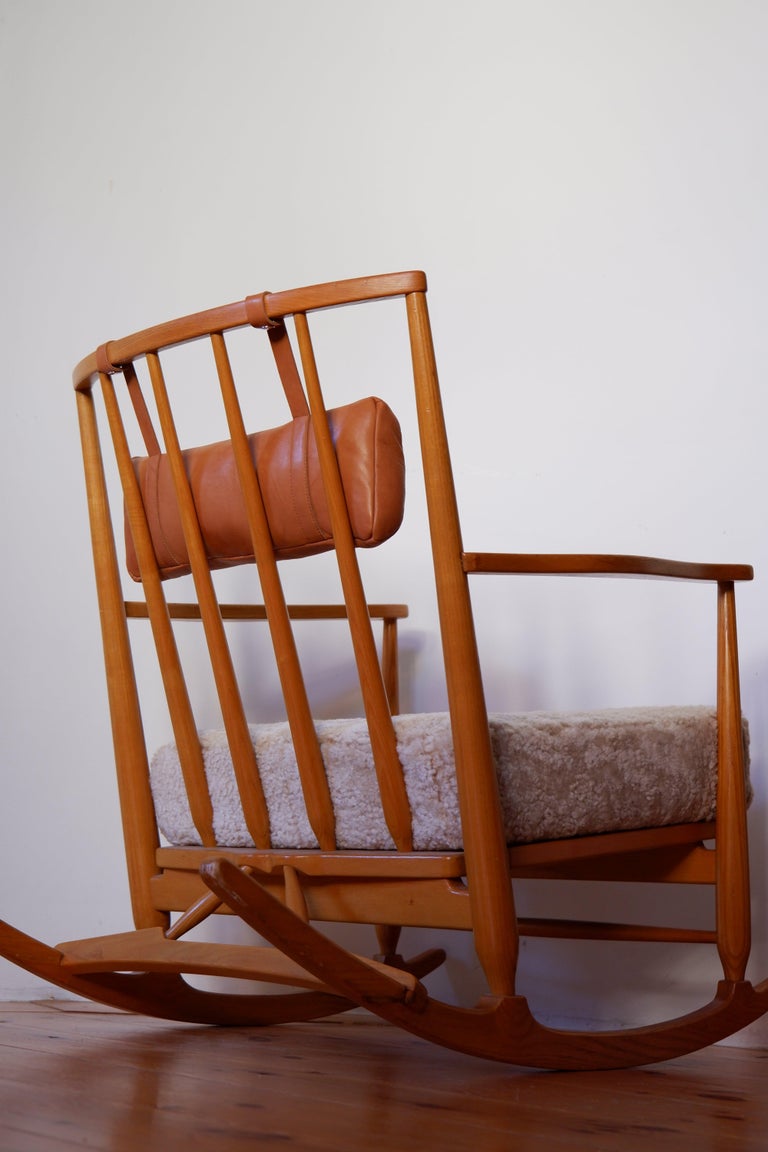 Carl Axel Acking, Rare Rocking Chair Made in Solid Ash and Sheep Skin ...