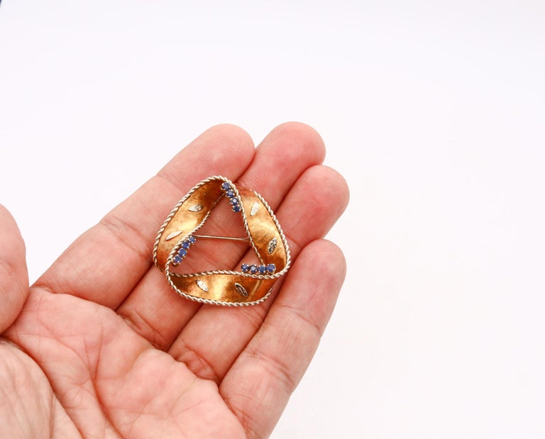 Carl Bucherer 1960 Swiss Twisted Brooch In 18Kt Yellow Gold With Blue ...