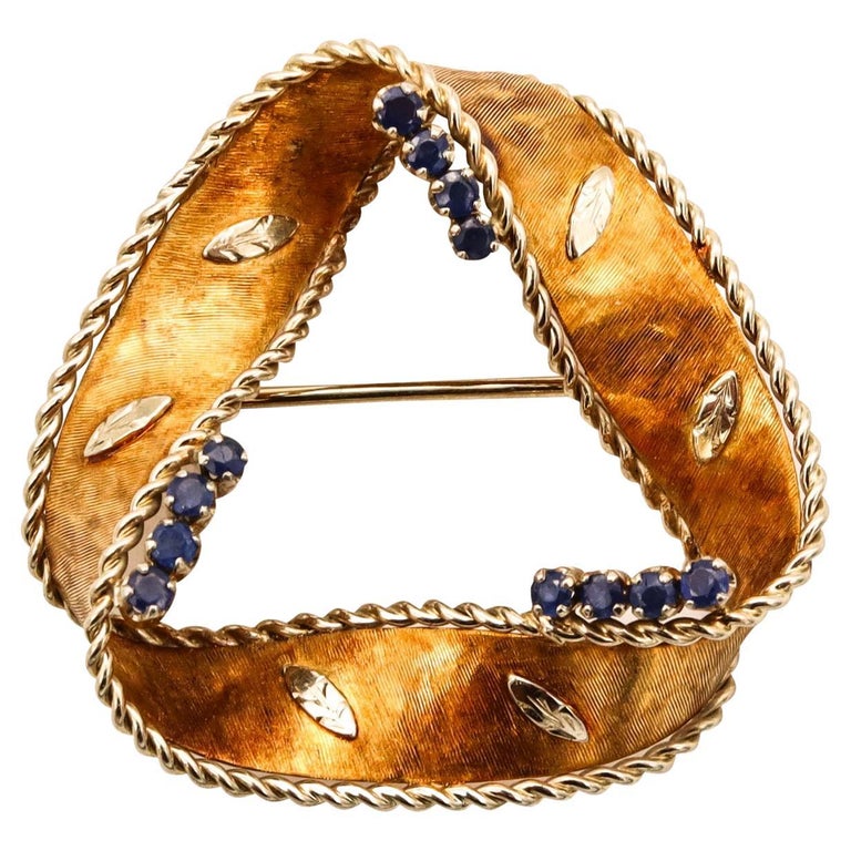 Carl Bucherer 1960 Swiss Twisted Brooch In 18Kt Yellow Gold With Blue ...