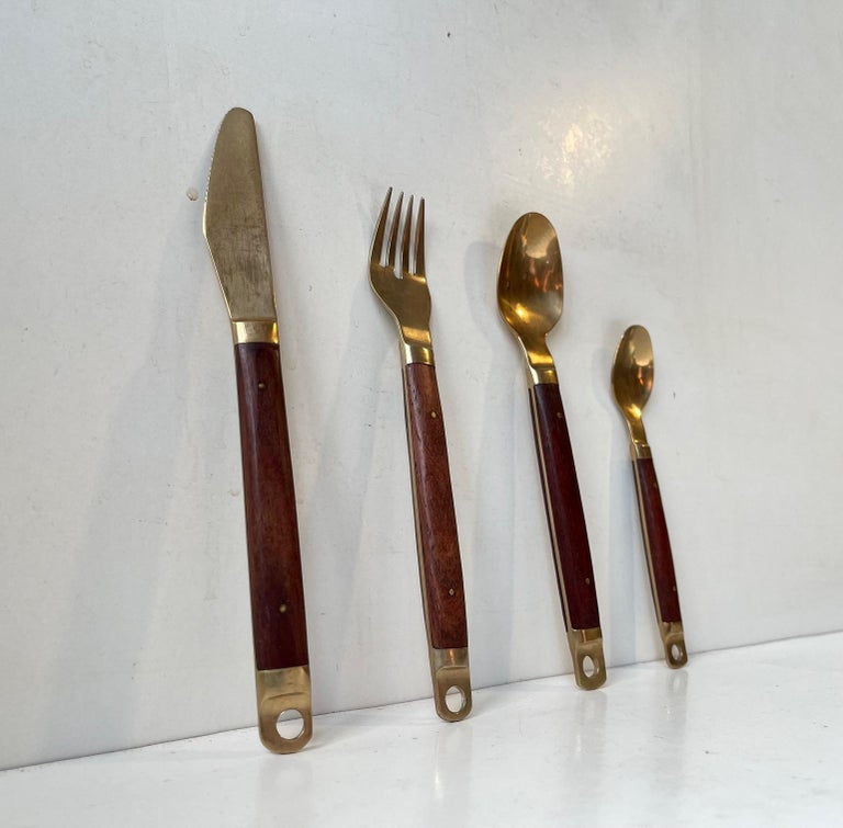 Carl Cohr Danish Modern Brass and Teak Cutlery Dinner Set for 12, 1960s ...
