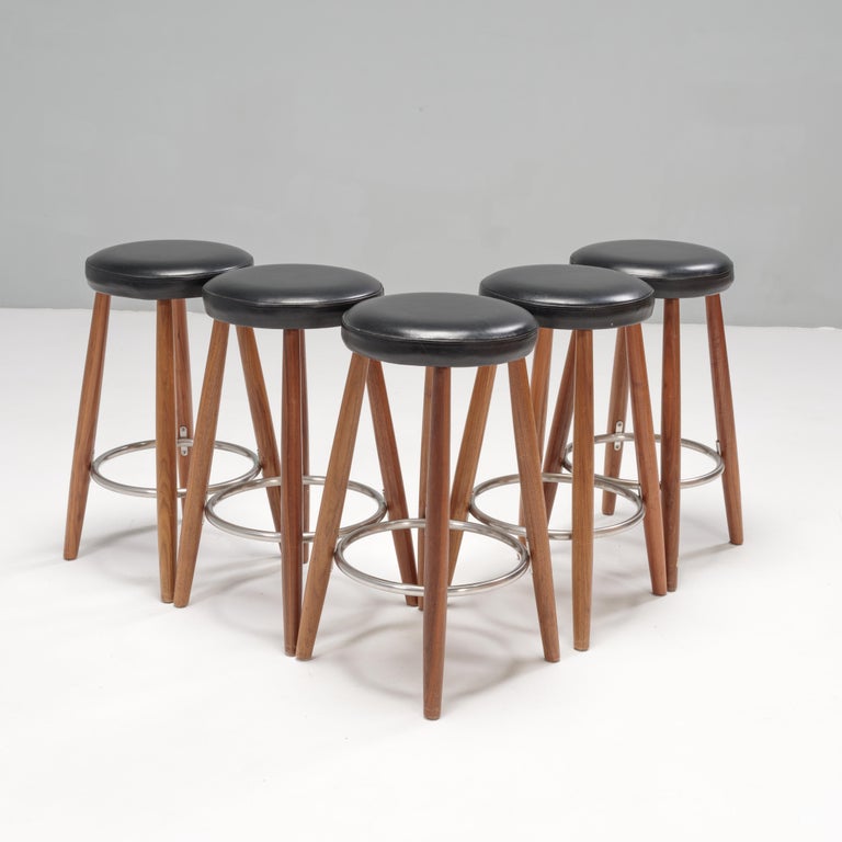 Carl Hansen by Hans J Wegner Black Leather and Walnut CH56 Bar Stools ...