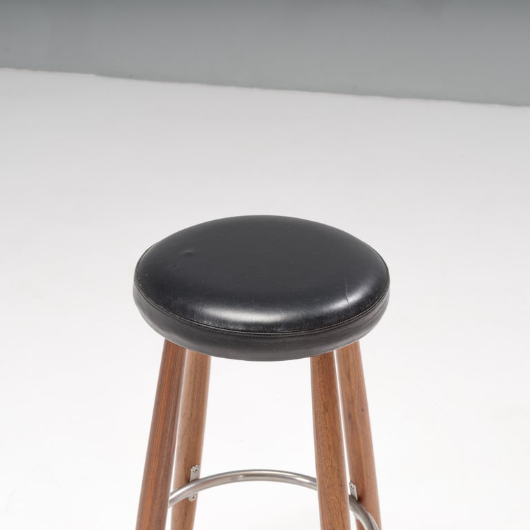 Carl Hansen by Hans J Wegner Black Leather and Walnut CH56 Bar Stools ...