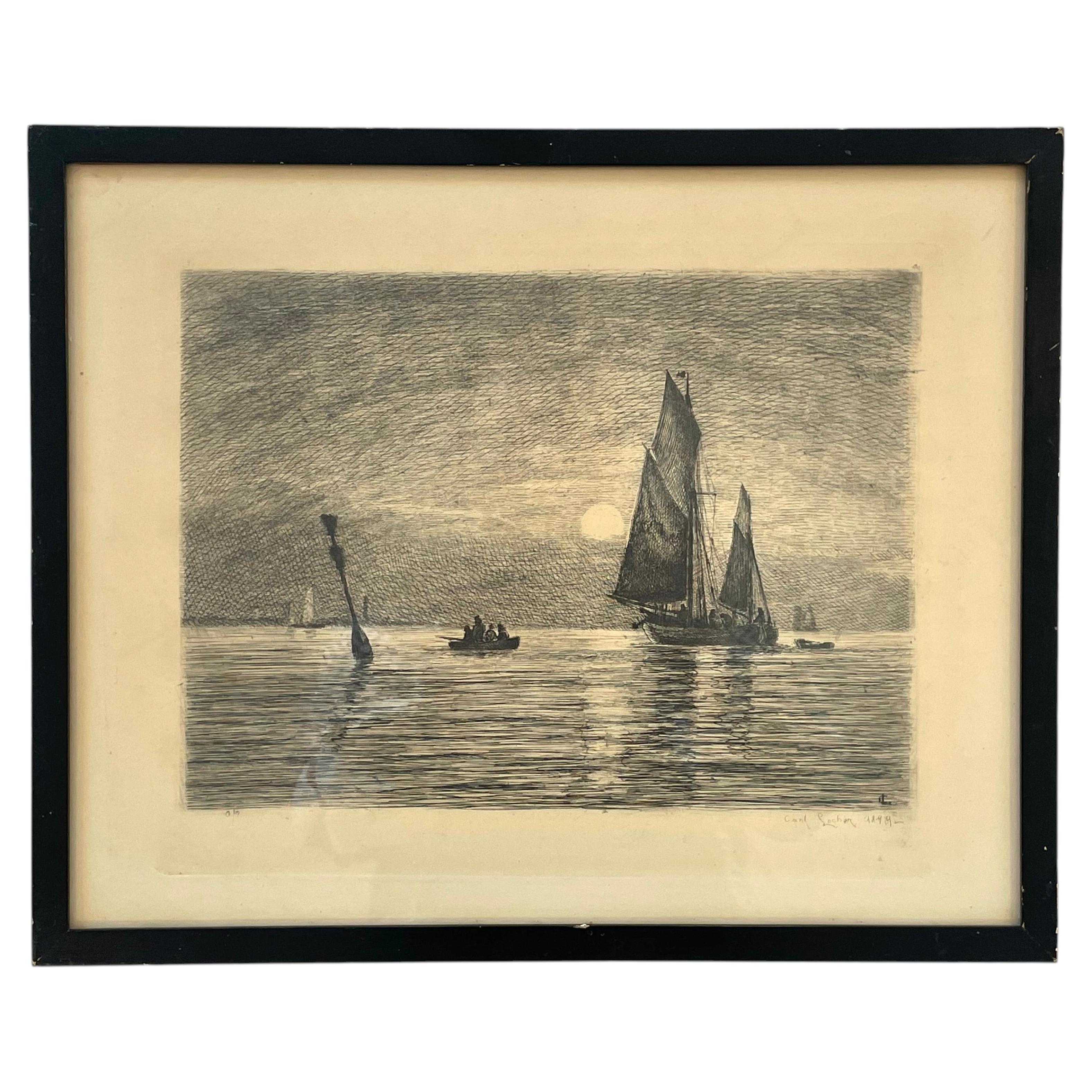 Carl Locher Maritime Etching with Sailing Vessels at Dusk, Dated 1899 ...