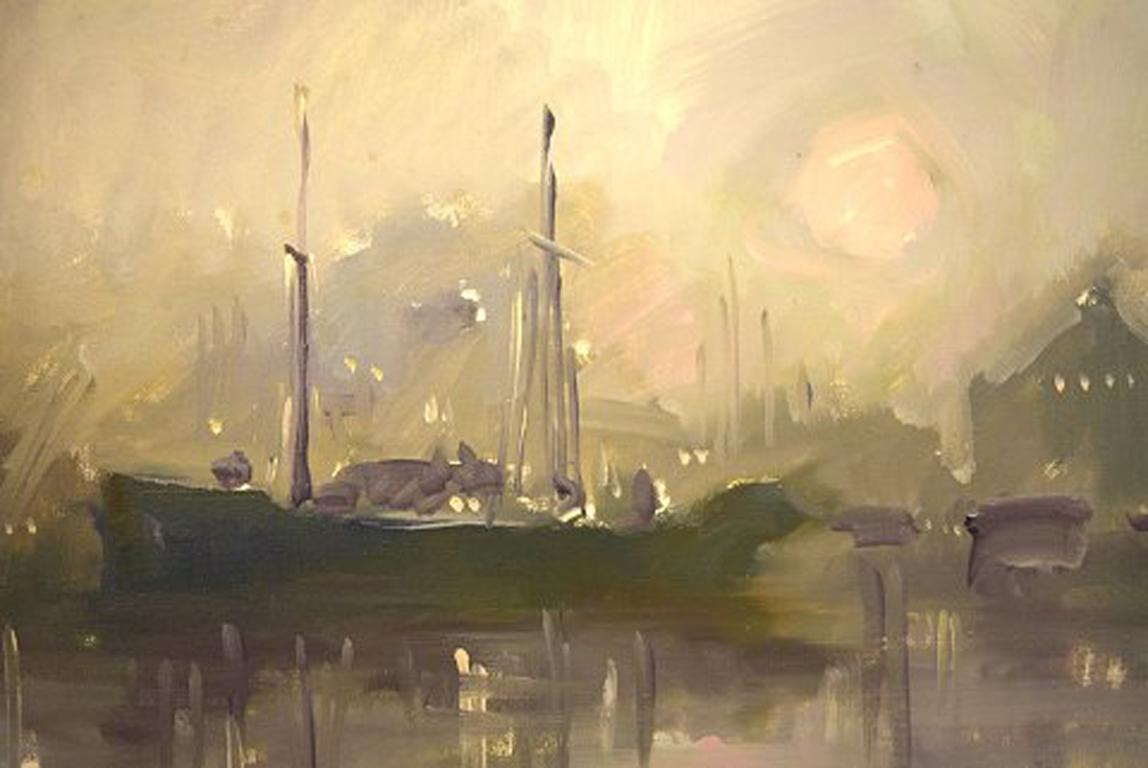 Carlo Knud Hansen, Denmark, Oil on Canvas, Harbour Scene at 1stDibs